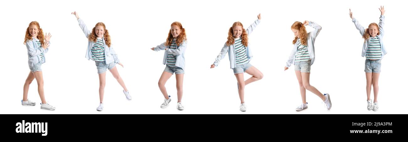 Set of little redhead girl dancing on white background Stock Photo - Alamy