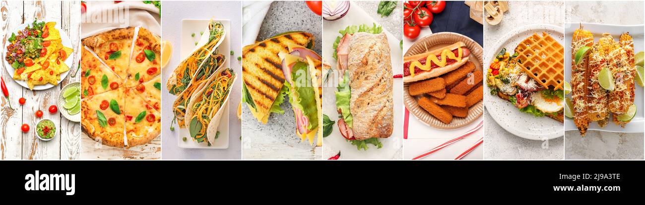 Collection of traditional fast food on light background, top view Stock ...