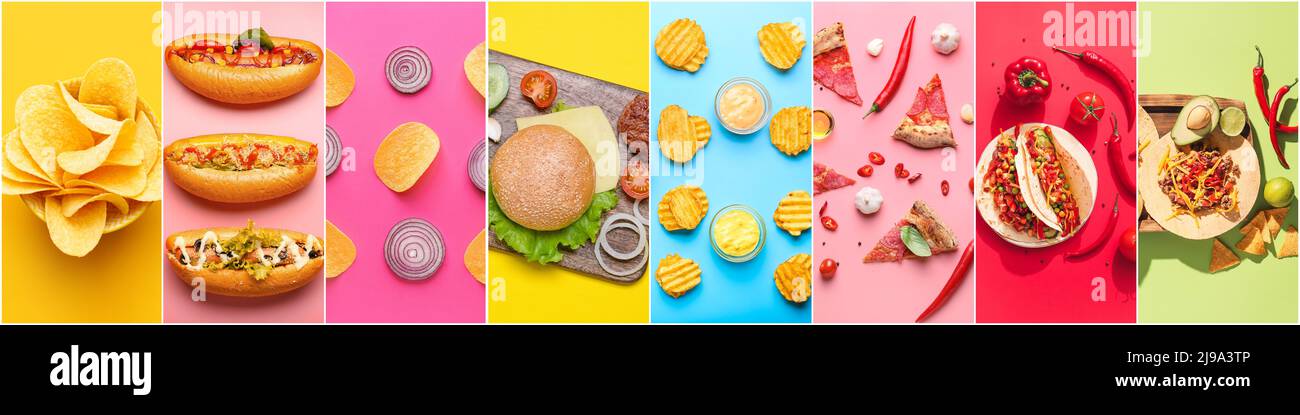 Set of traditional fast food on colorful background, top view Stock ...