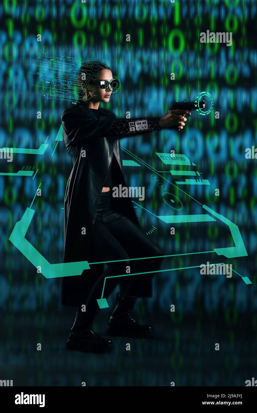 Woman with gun dressed in matrix style on dark background Stock Photo ...