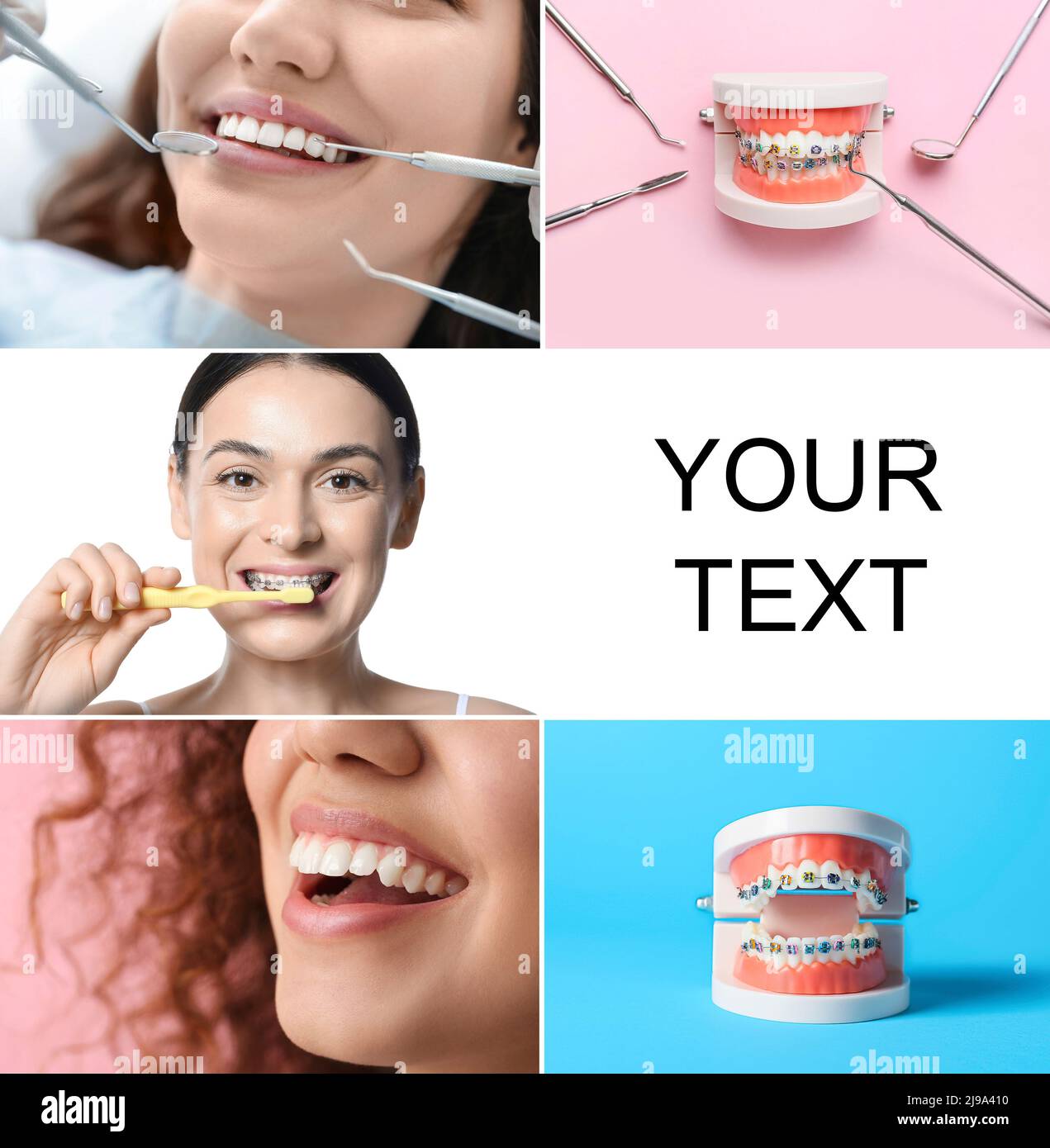 Set of women with dental braces, tooth bush and dentist's tools with ...