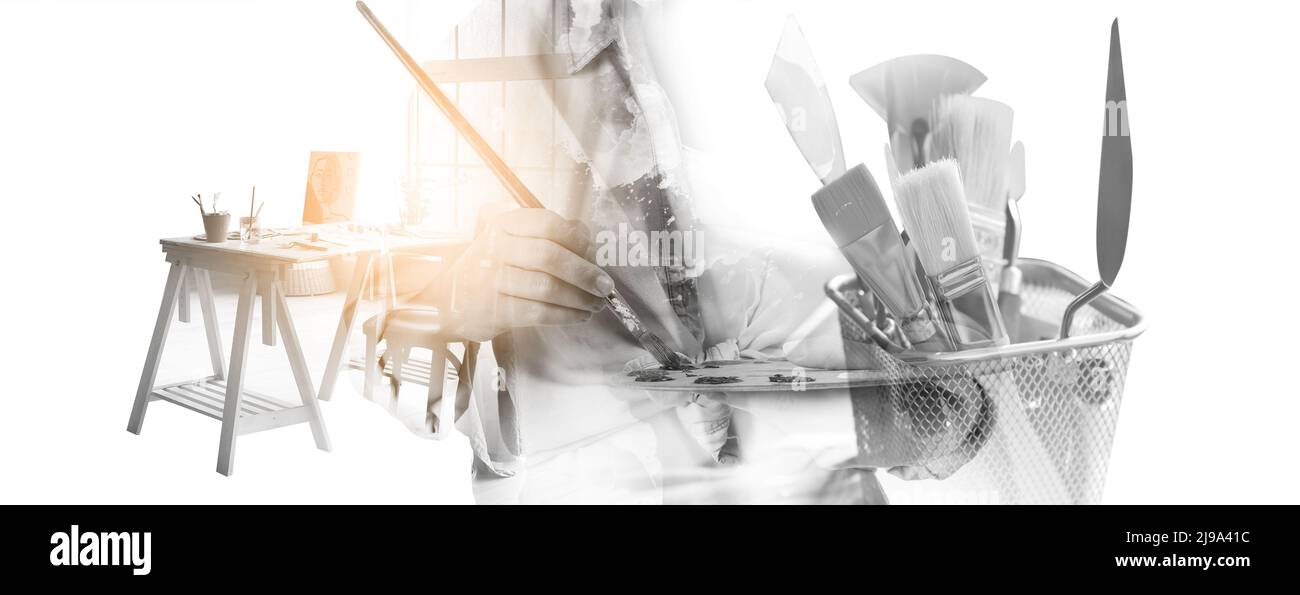 Collage with artist's workshop and tools on white background Stock ...