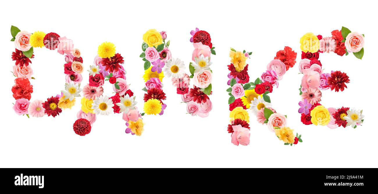 Word DANKE (German for Thank you) made of flowers on white background ...