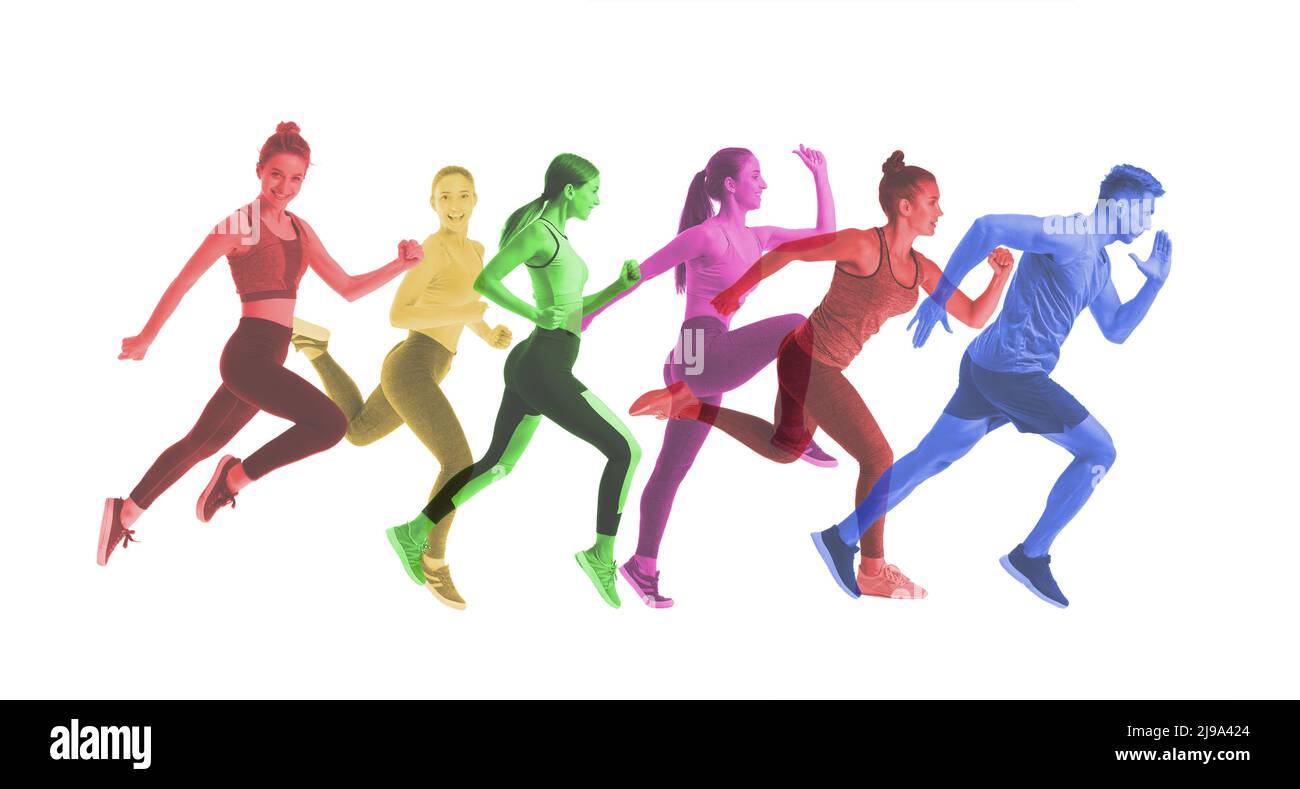 Colorful running people on white background Stock Photo - Alamy