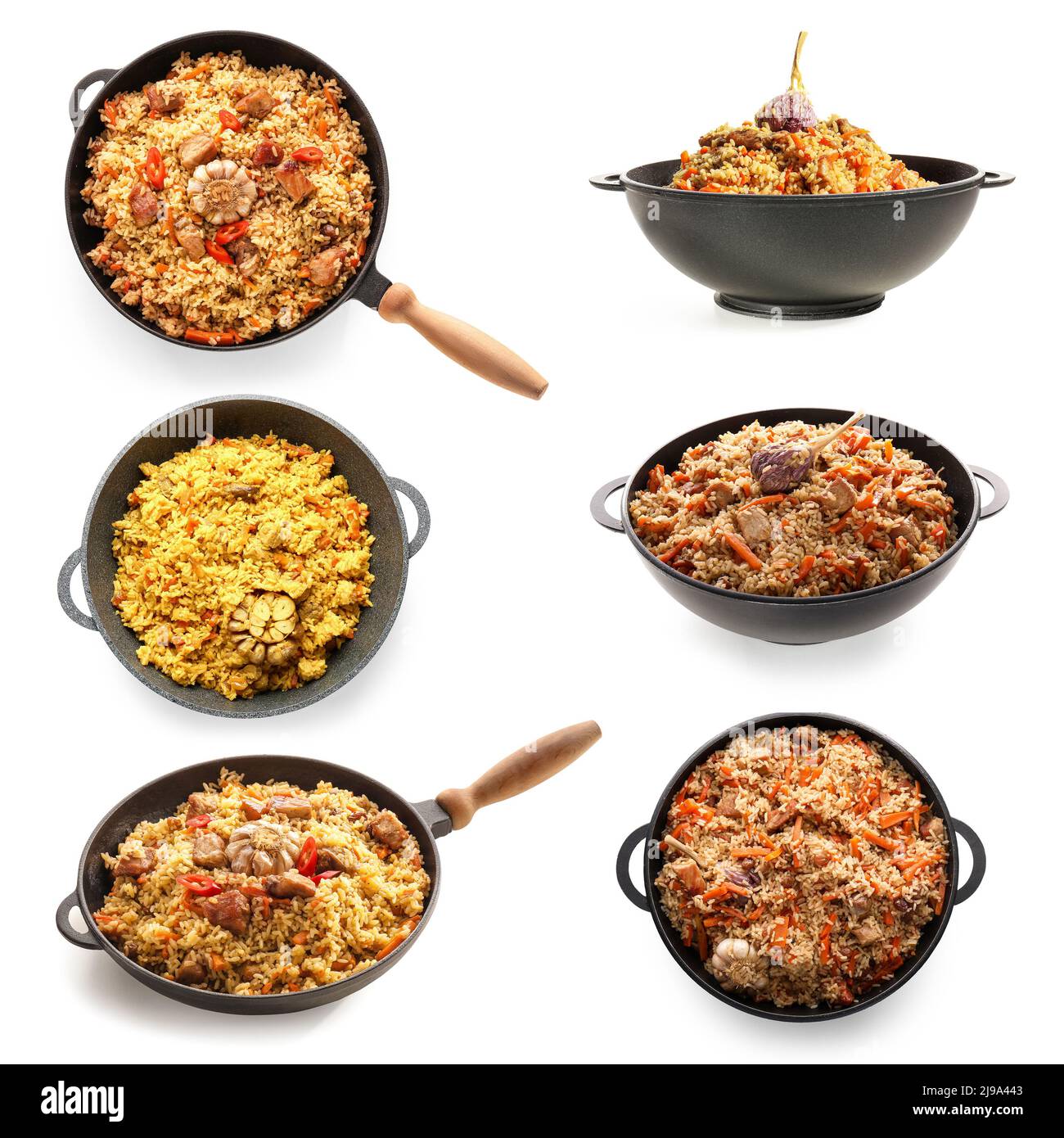 Set of frying pans with tasty pilaf on white background Stock Photo - Alamy