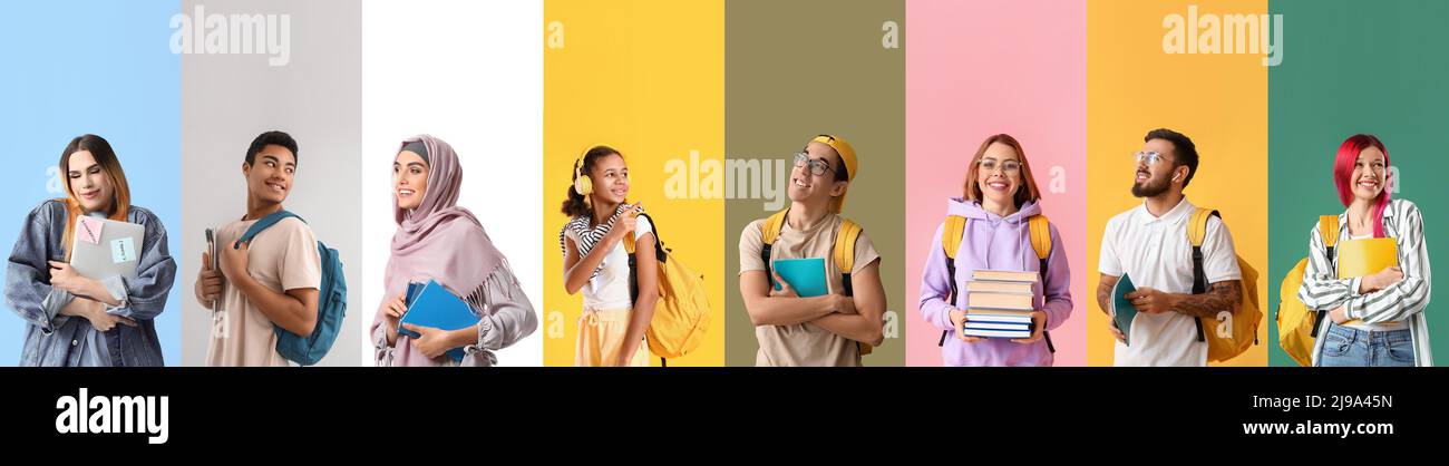 Collage with many happy students on colorful background Stock Photo - Alamy