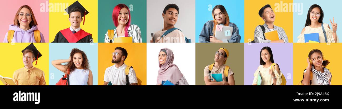 Collage with many happy students on colorful background Stock Photo - Alamy
