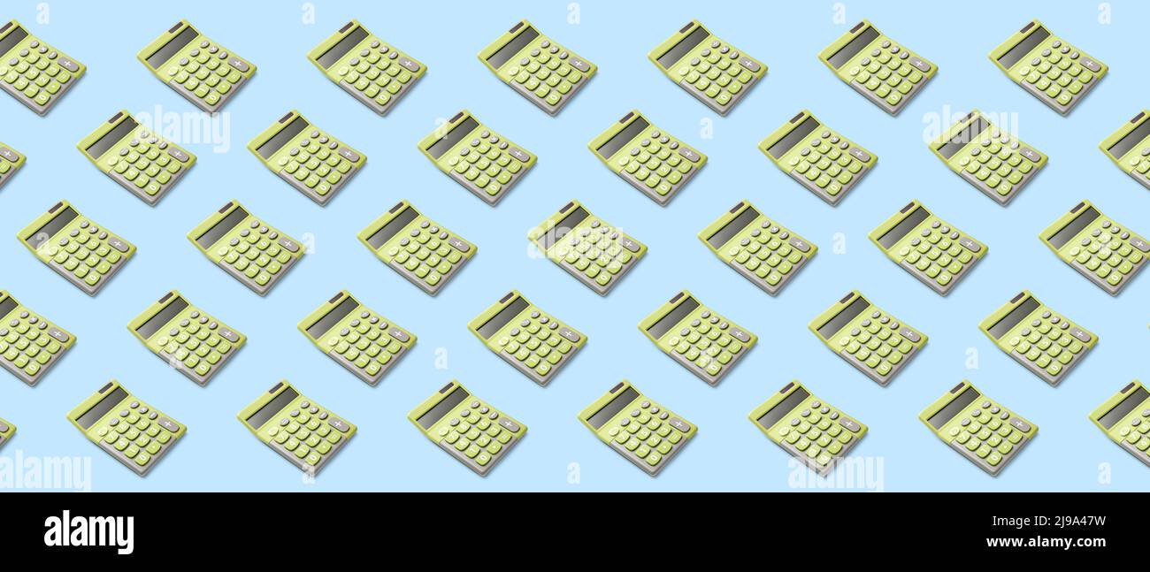 Many green calculators on light blue background. Pattern for design ...