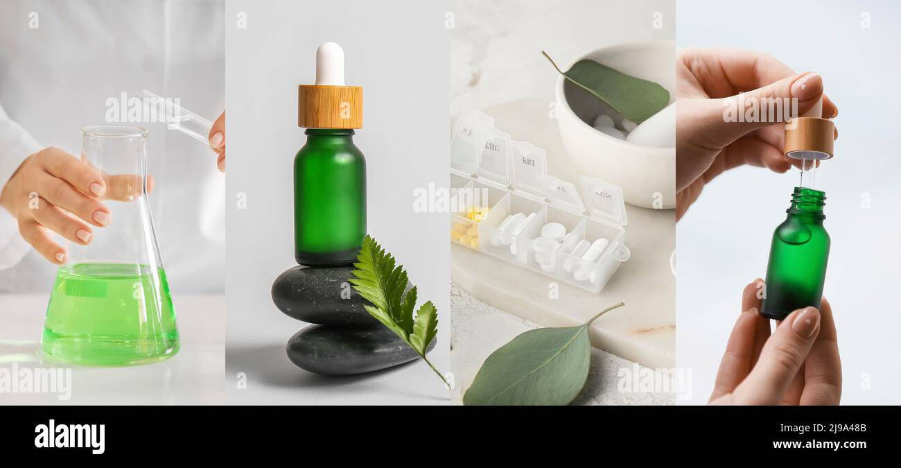 Collage with laboratory worker, drugs and natural cosmetics Stock Photo ...
