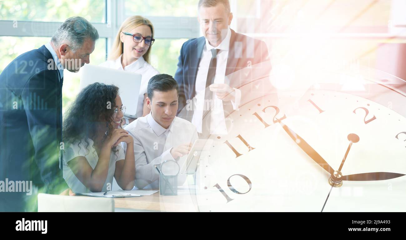 Double exposure of business people in office and clock Stock Photo - Alamy