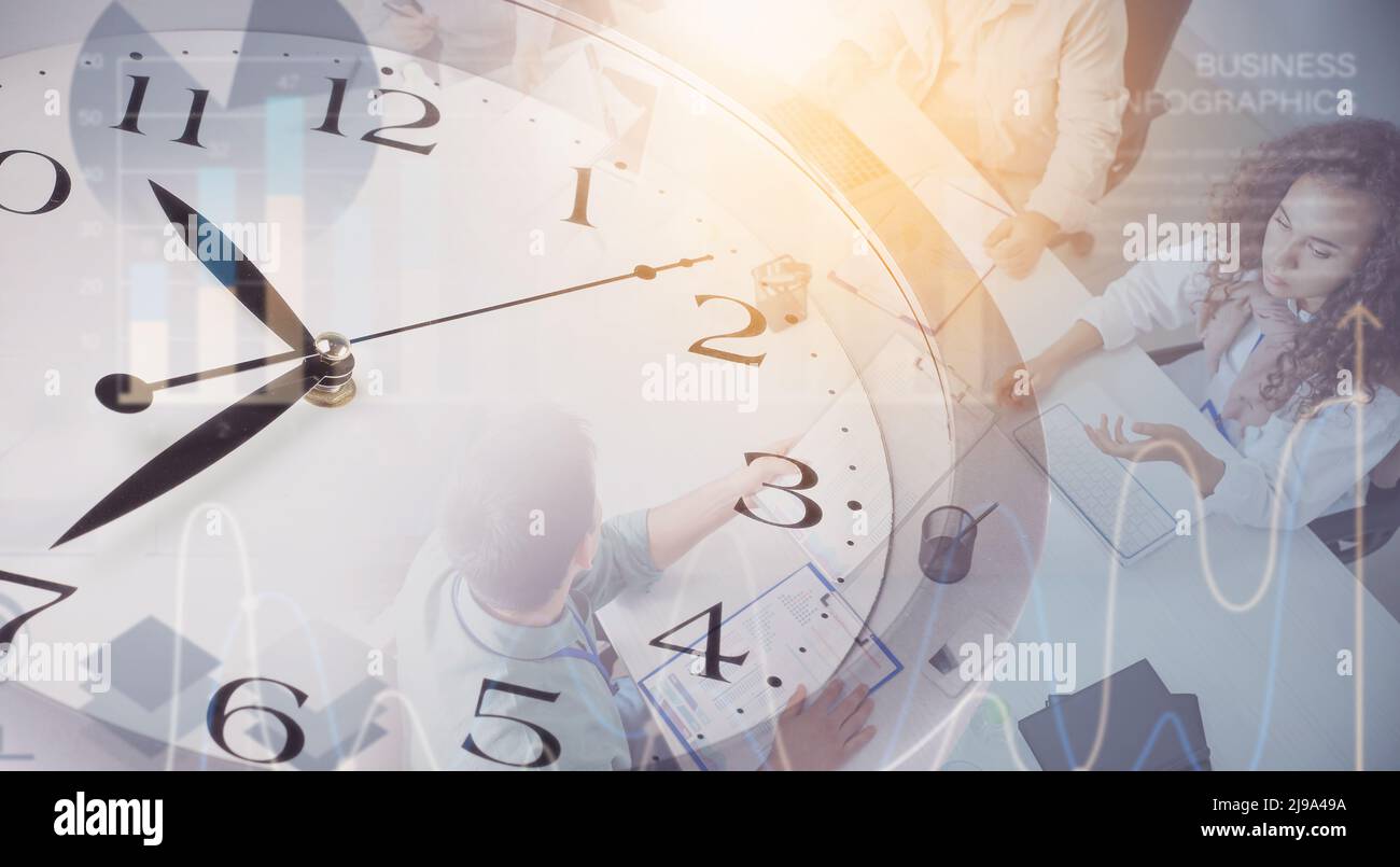 Double exposure of business people during meeting in office and clock ...