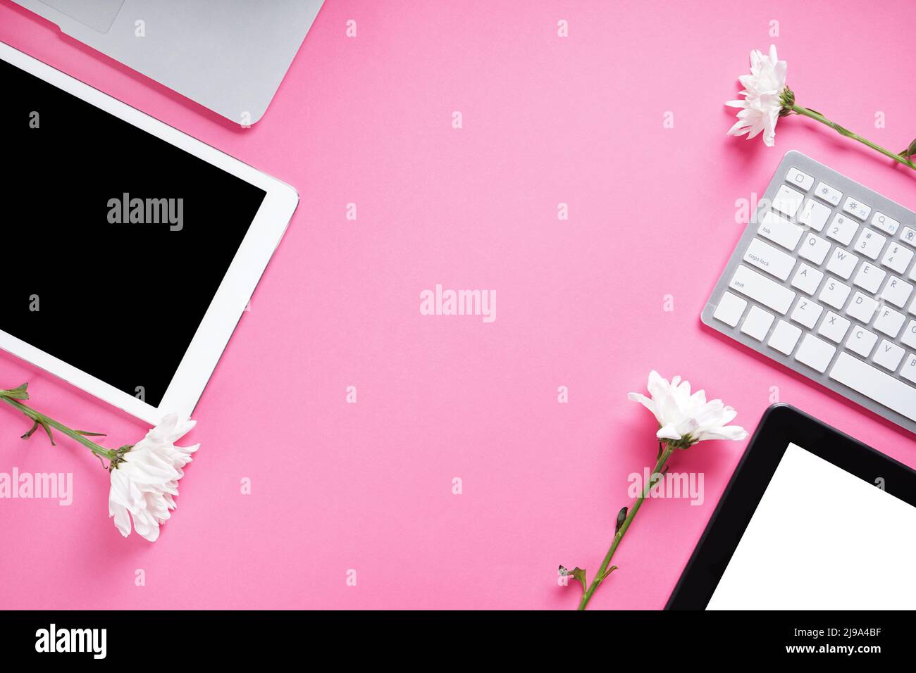 Frame made of modern gadgets and flowers on pink background Stock Photo ...