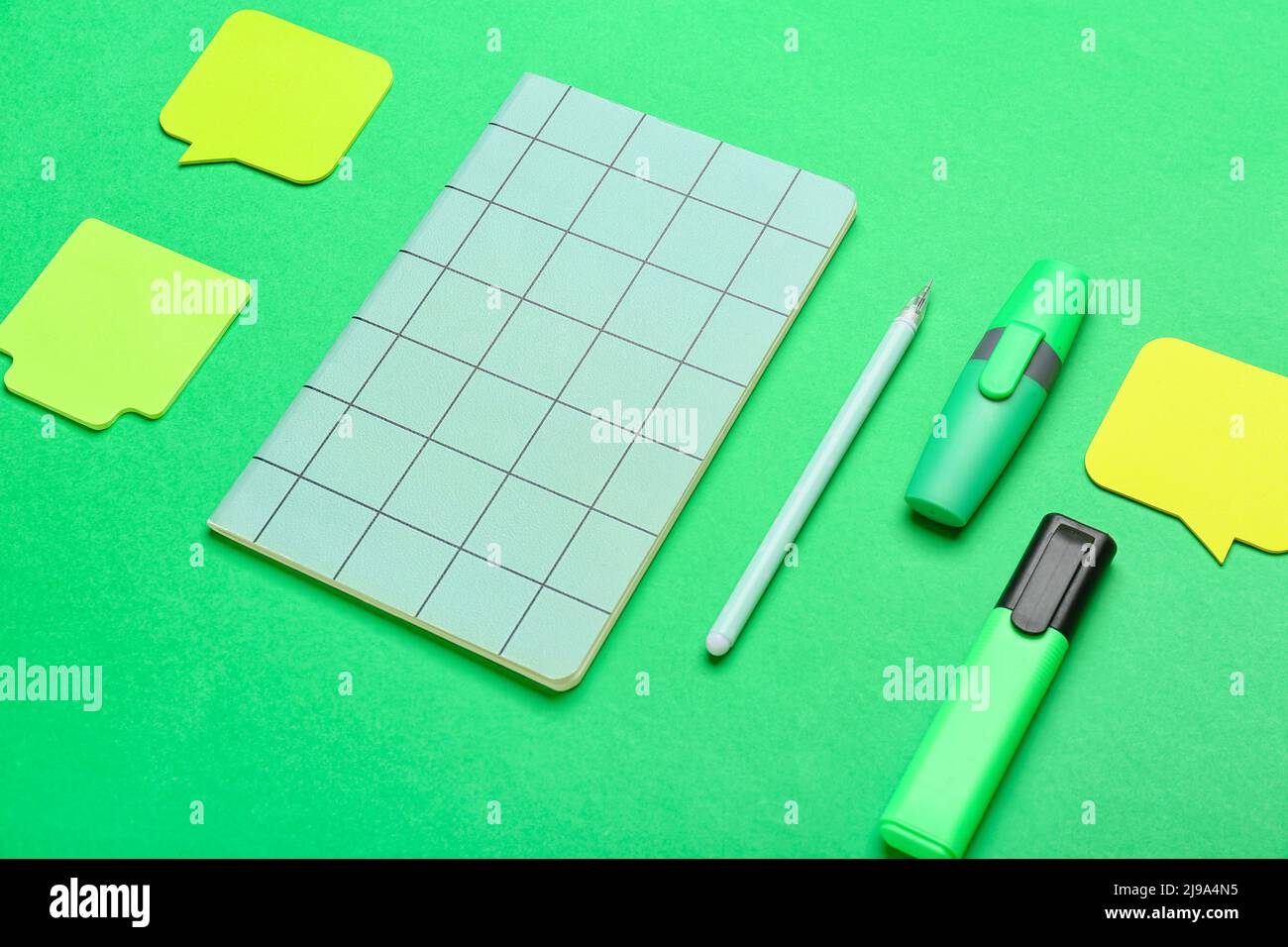 Blank sticky notes, notebook, pen and markers on color background Stock ...