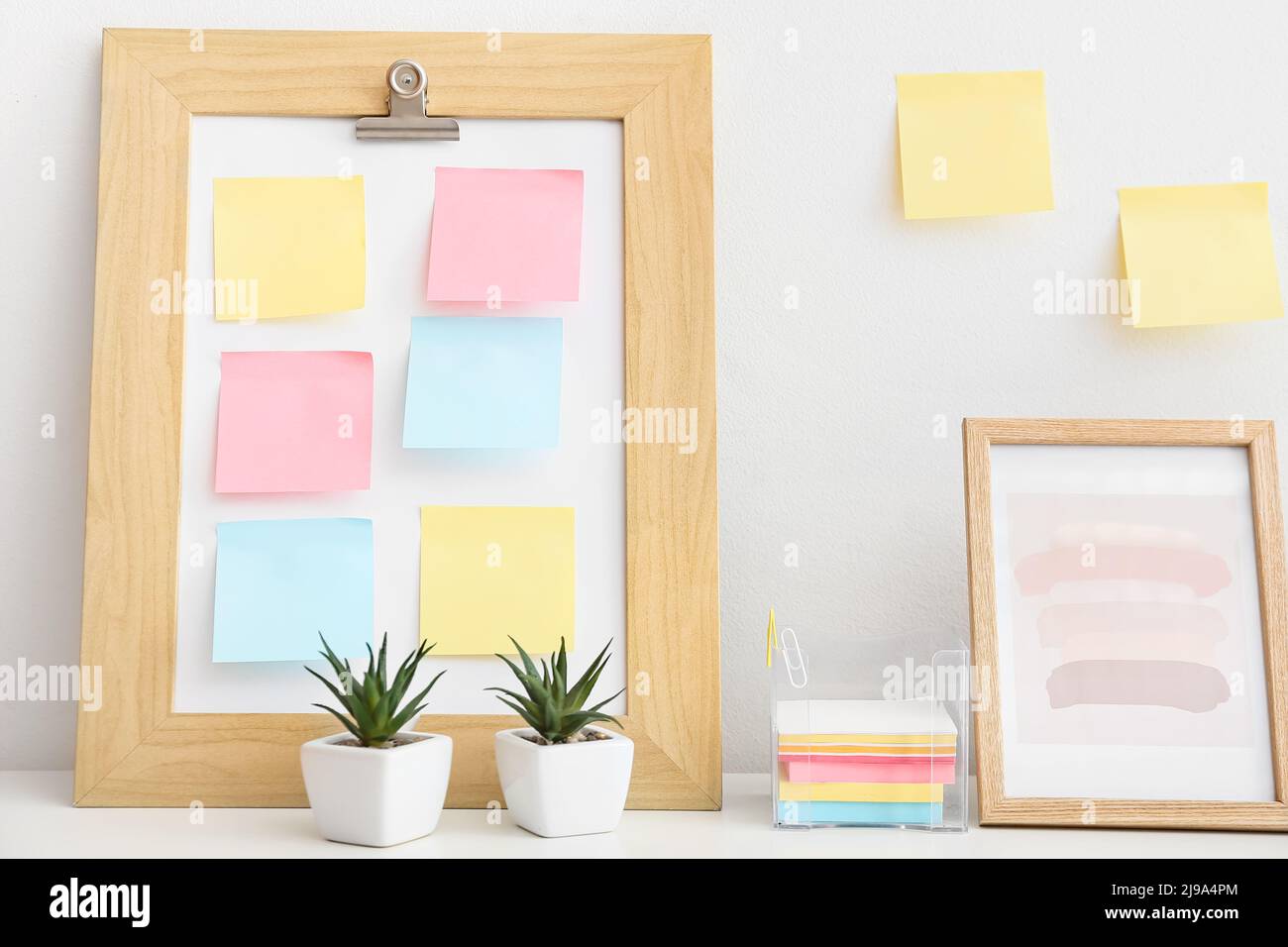 Different blank sticky notes and houseplants on table near white wall ...