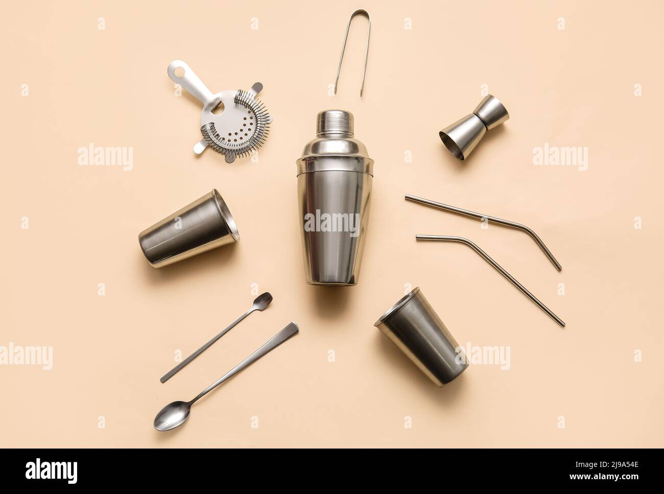 Modern bartender kit on color background Stock Photo - Alamy