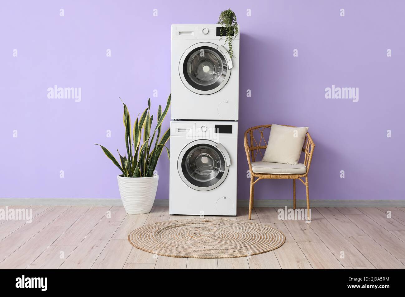 Modern drying, washing machines, wicker chair and houseplant near ...