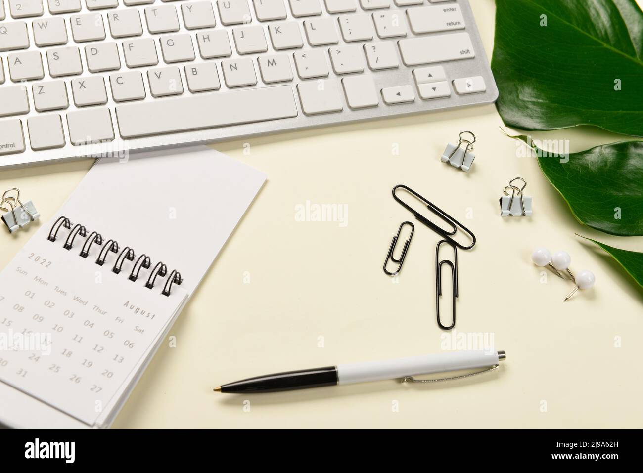 Modern keyboard, calendar, clips and tropical leaf on yellow background ...