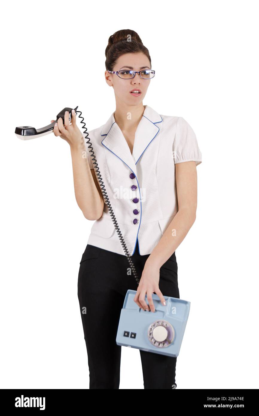 Young woman secretary talking on the phone. Isolated on white Stock ...