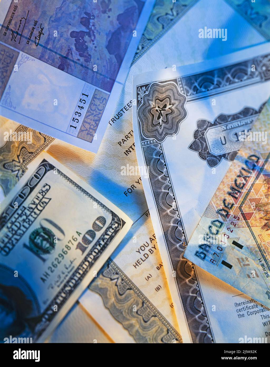 Money & Notes in blue tones. Image from 4x5 inch transparency film ...