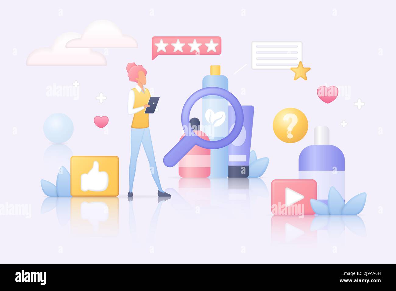 Evaluation and customers review. Tiny client with magnifying glass ...