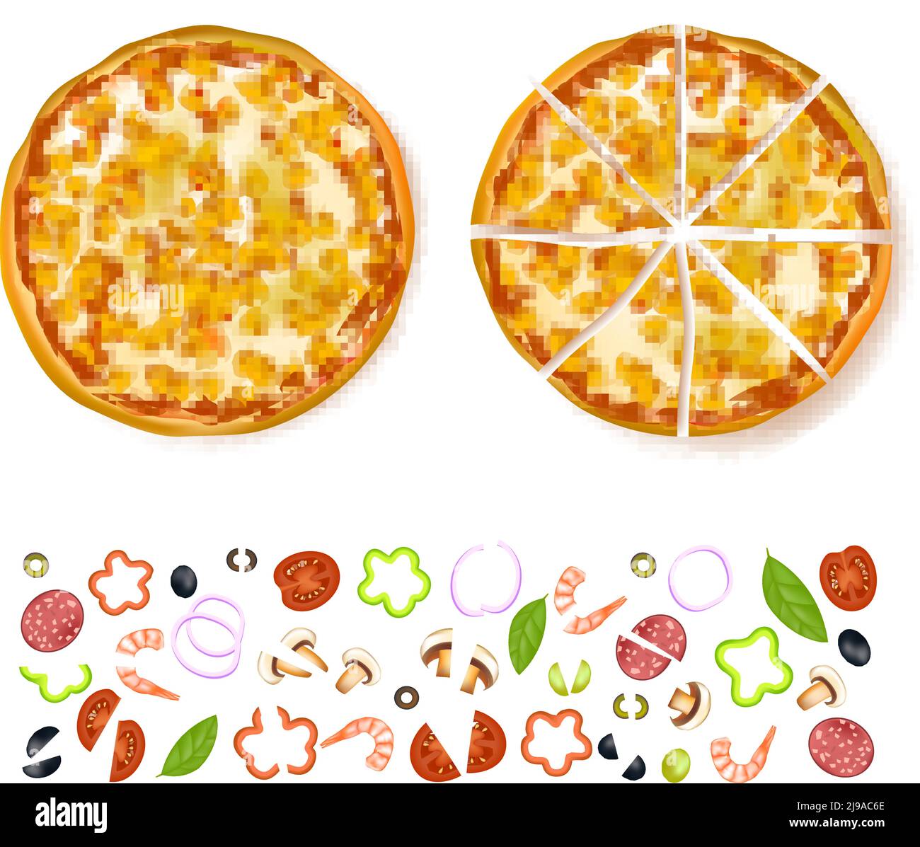 Sliced empty cheesy pizza composition with different isolated ...