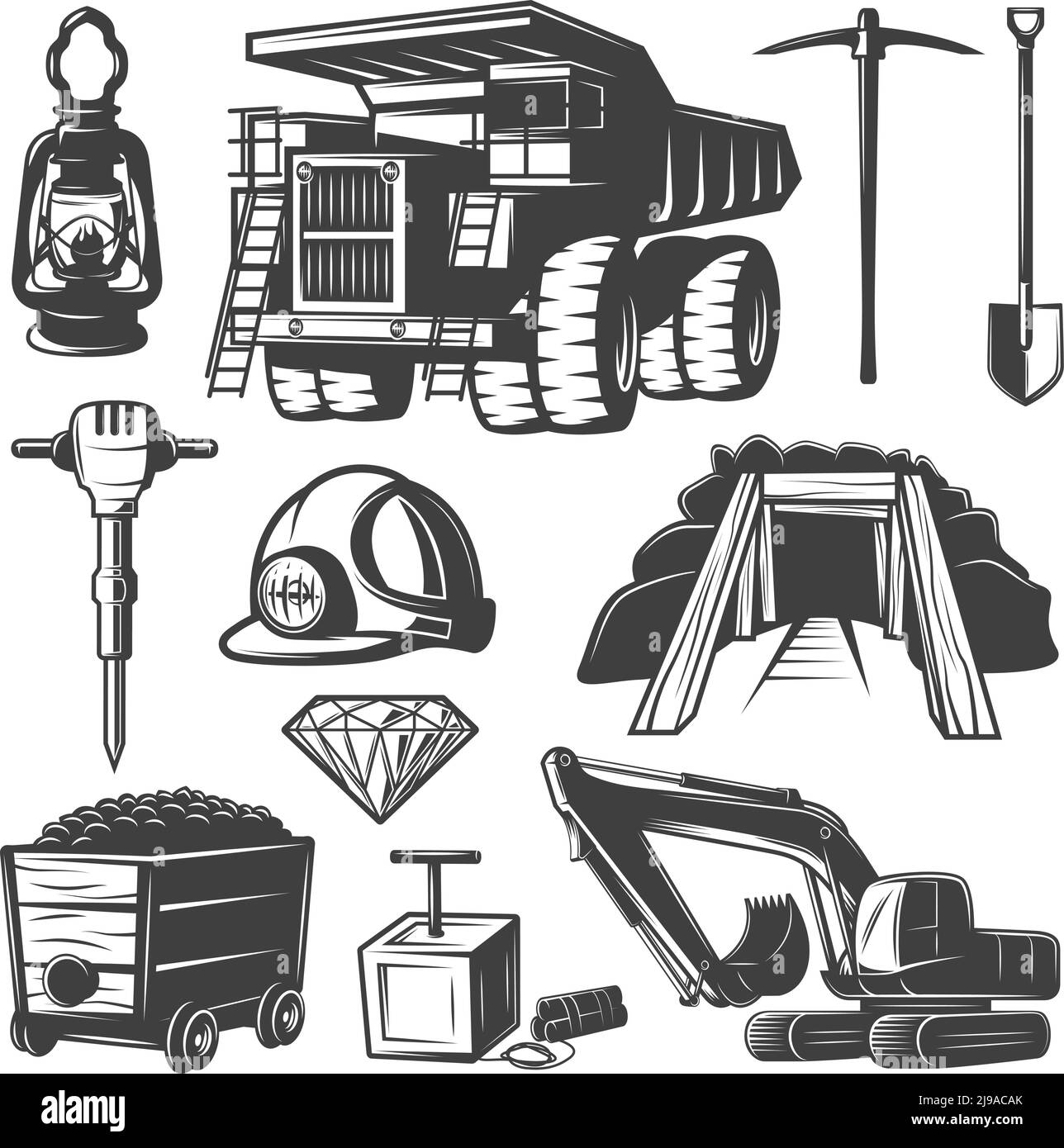 Monochrome isolated mining industry elements set with retro style ...