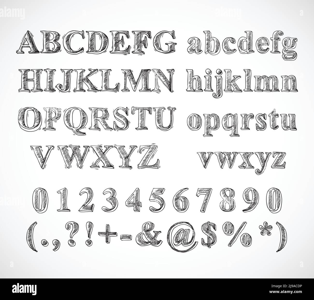 Sketch hand drawn alphabet black and white font letters numbers and ...