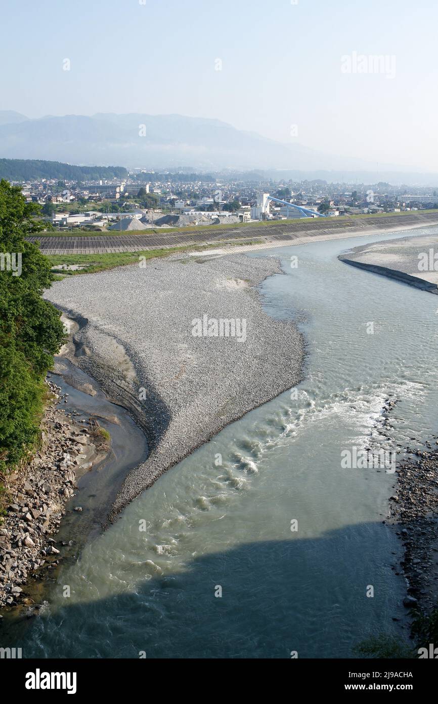 iida, nagano, japan, 2022/11/05 , tenryu river and iida city view from minabarahashi bridge in ...