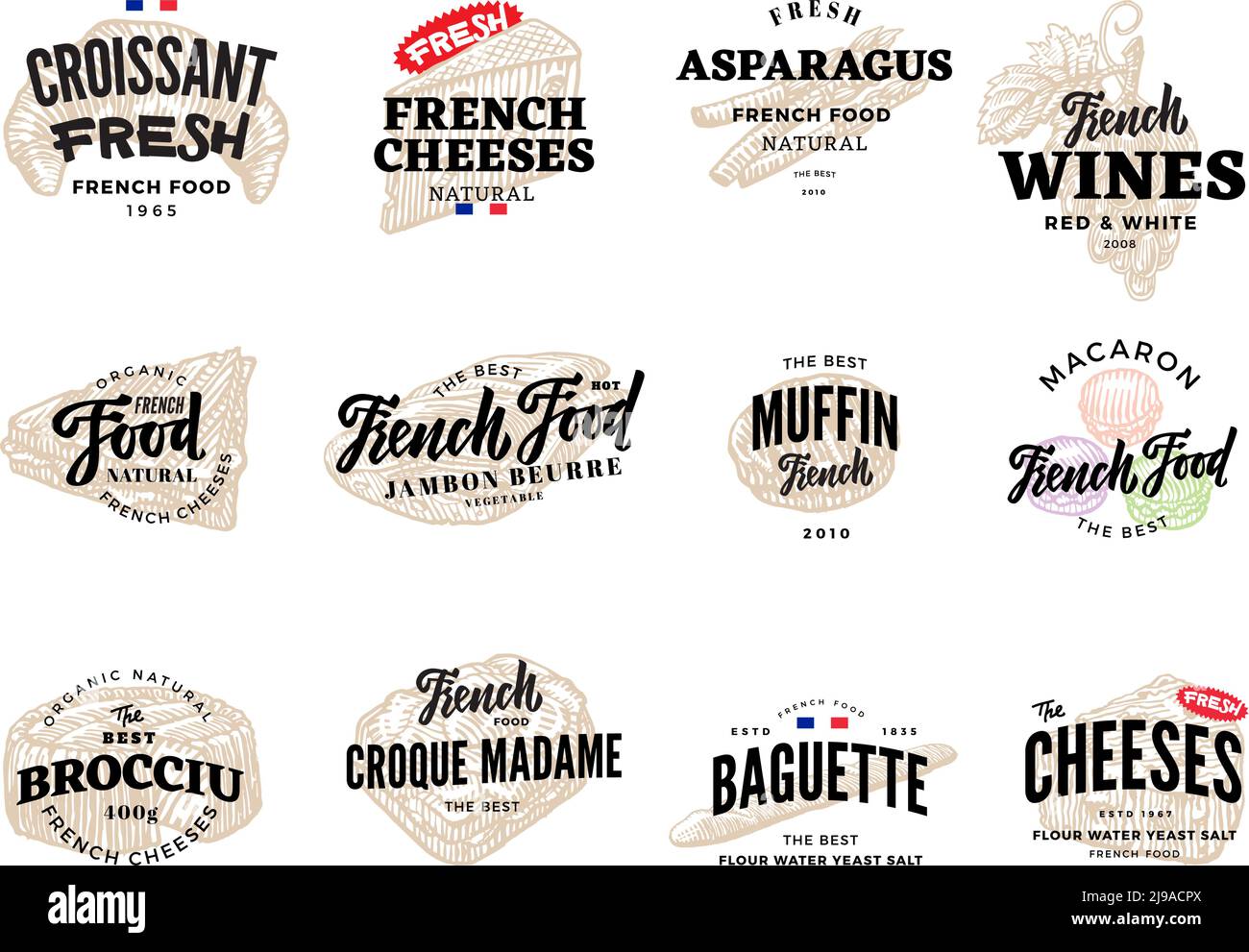 Sketch french food logos set with black inscriptions and traditional ...