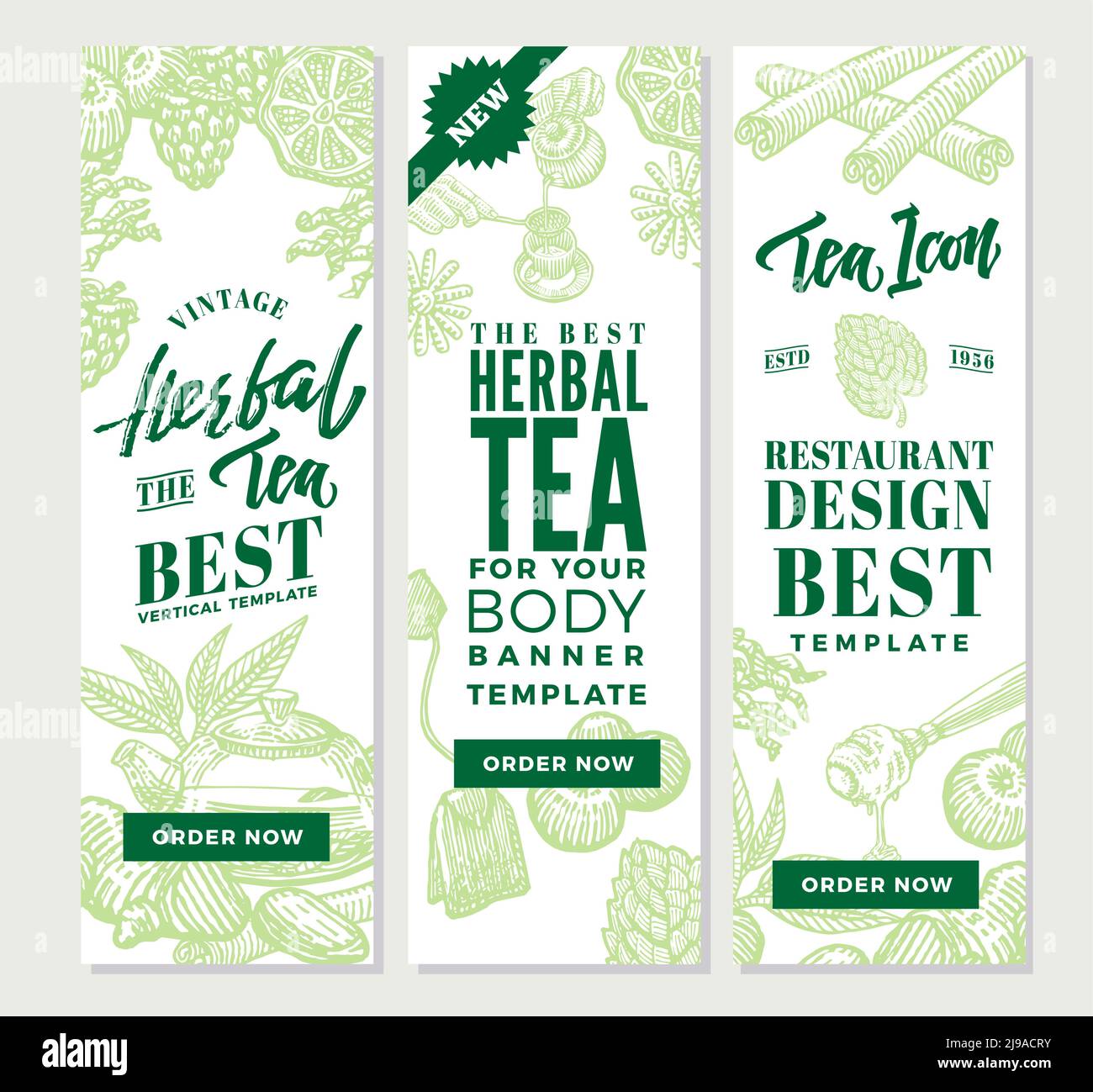 Sketch healthy tea vertical banners with organic herbal berry and fruit ...