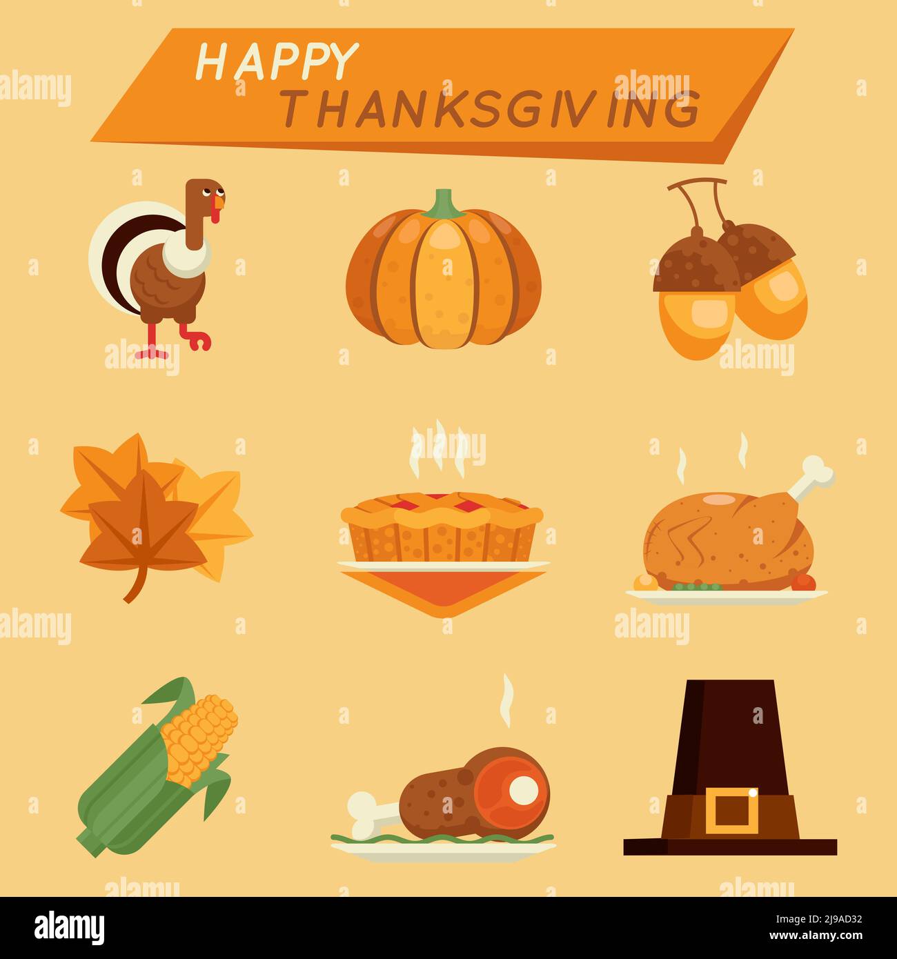 Thanksgiving flat icons. Turkey and pumpkin, acorn and cake Stock ...