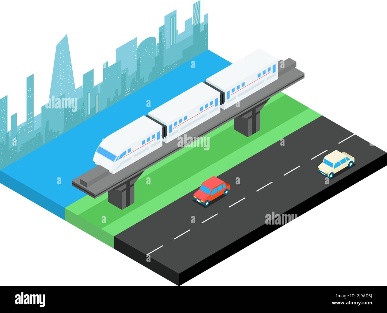Sky train and city skyline isometric. Railway transportation, railroad ...