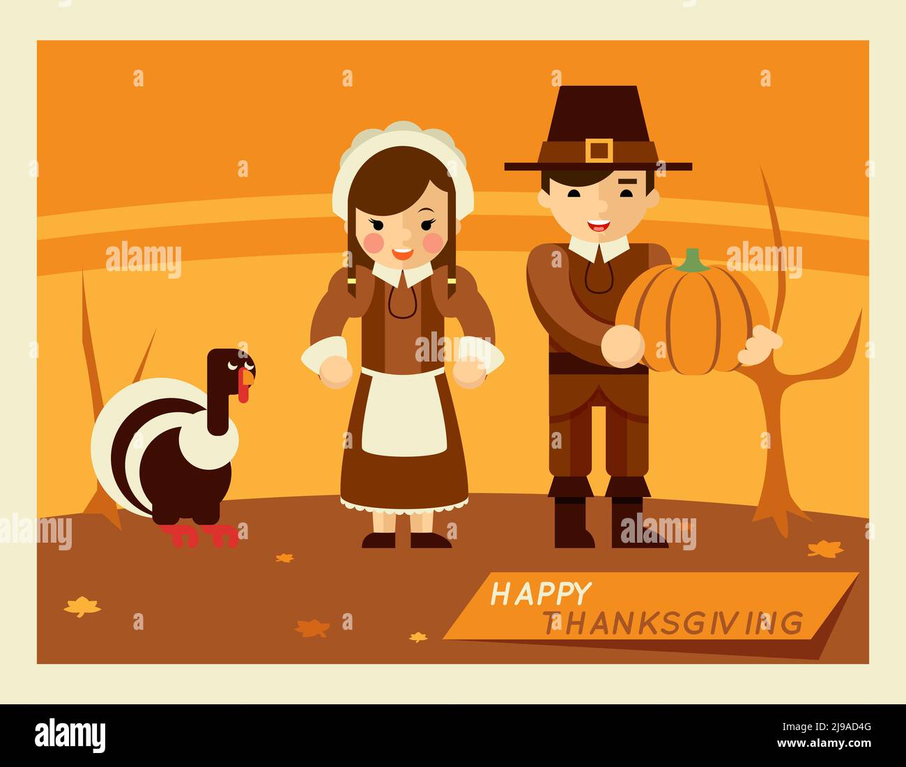Thanksgiving retro poster. Cartoon characters in the middle of autumn ...