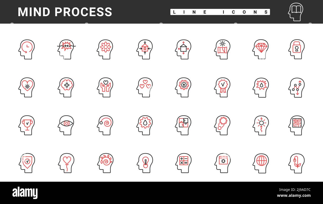 Mind processes in brain thin red and black line icons set vector ...
