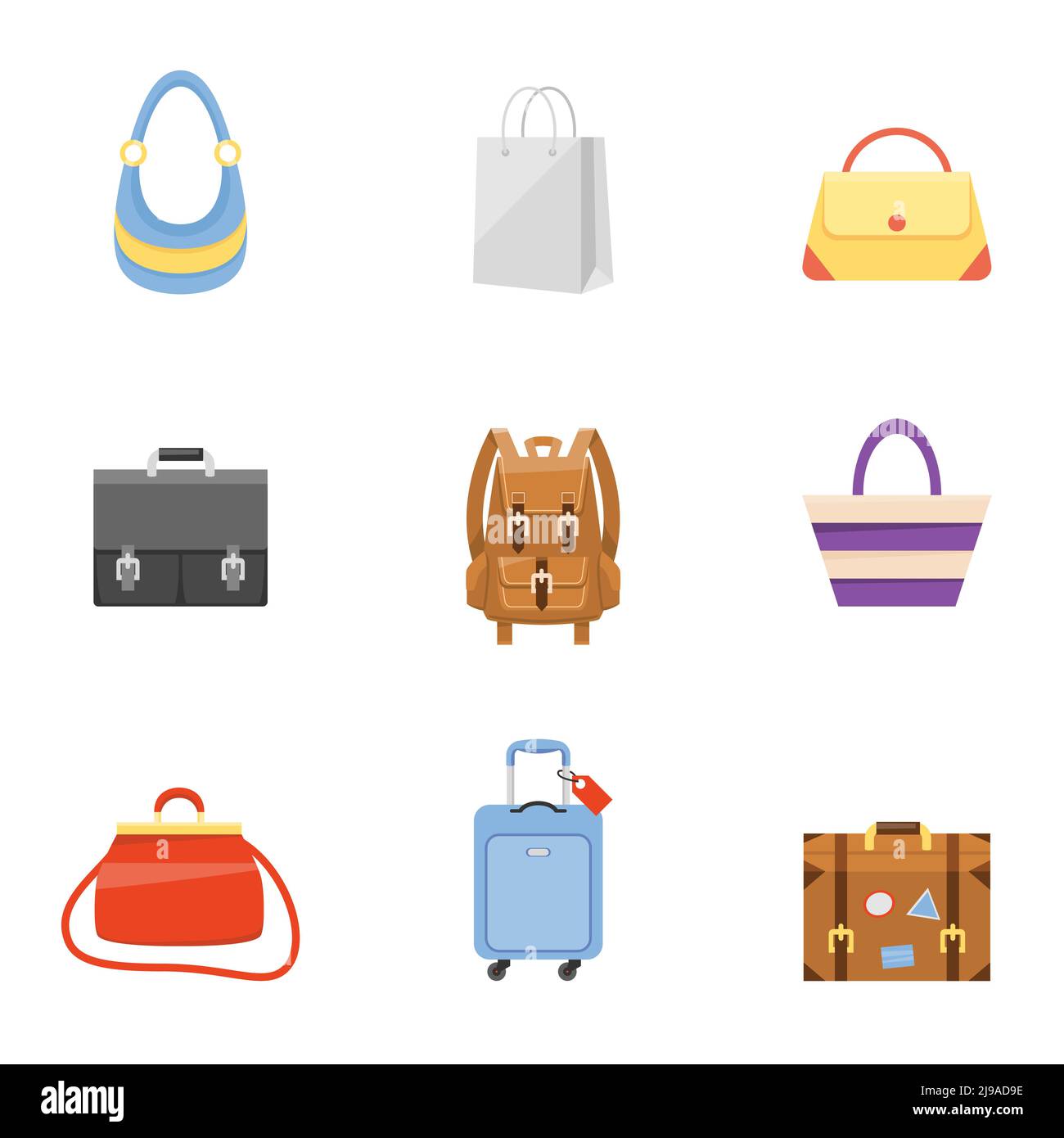 Travel suitcase, business briefcase, shopping bag and backpack icons ...