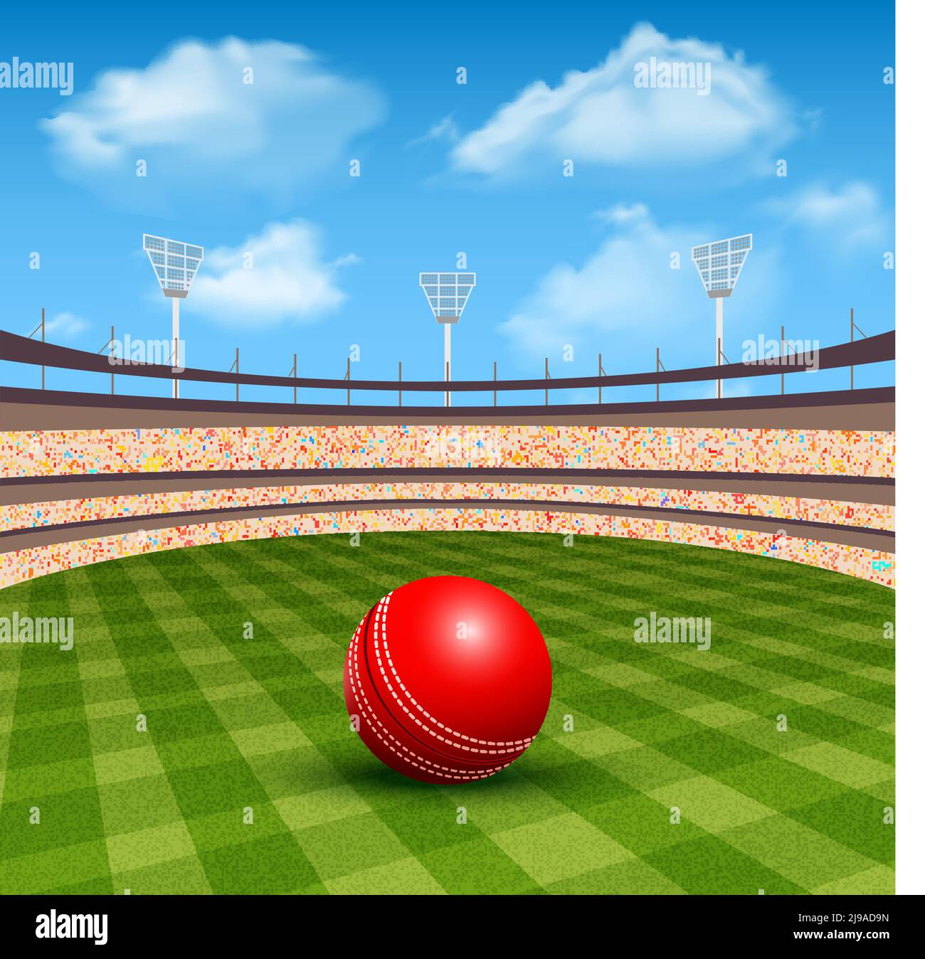 Open stadium of cricket with realistic red leather ball vector ...