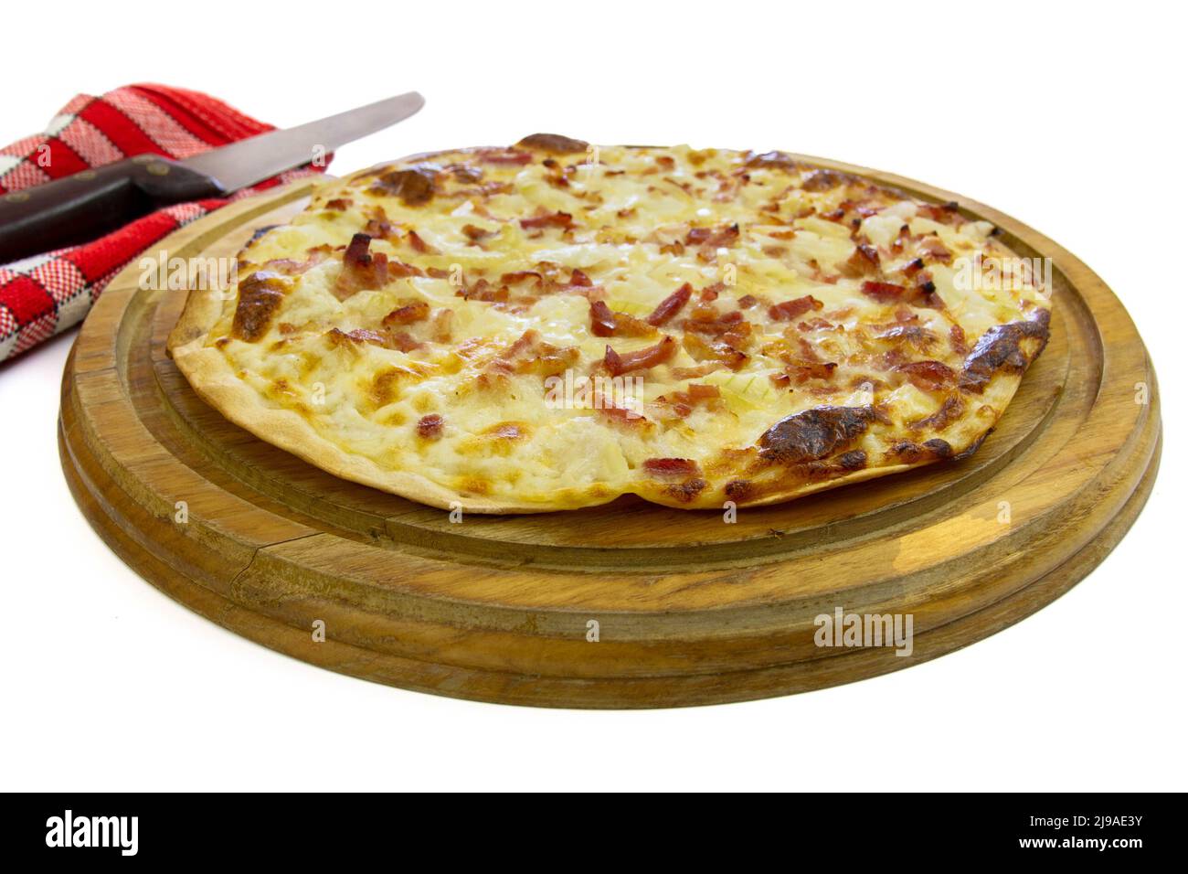 flammekueche (flamed pie), Alsatian specialty, isolated on white ...