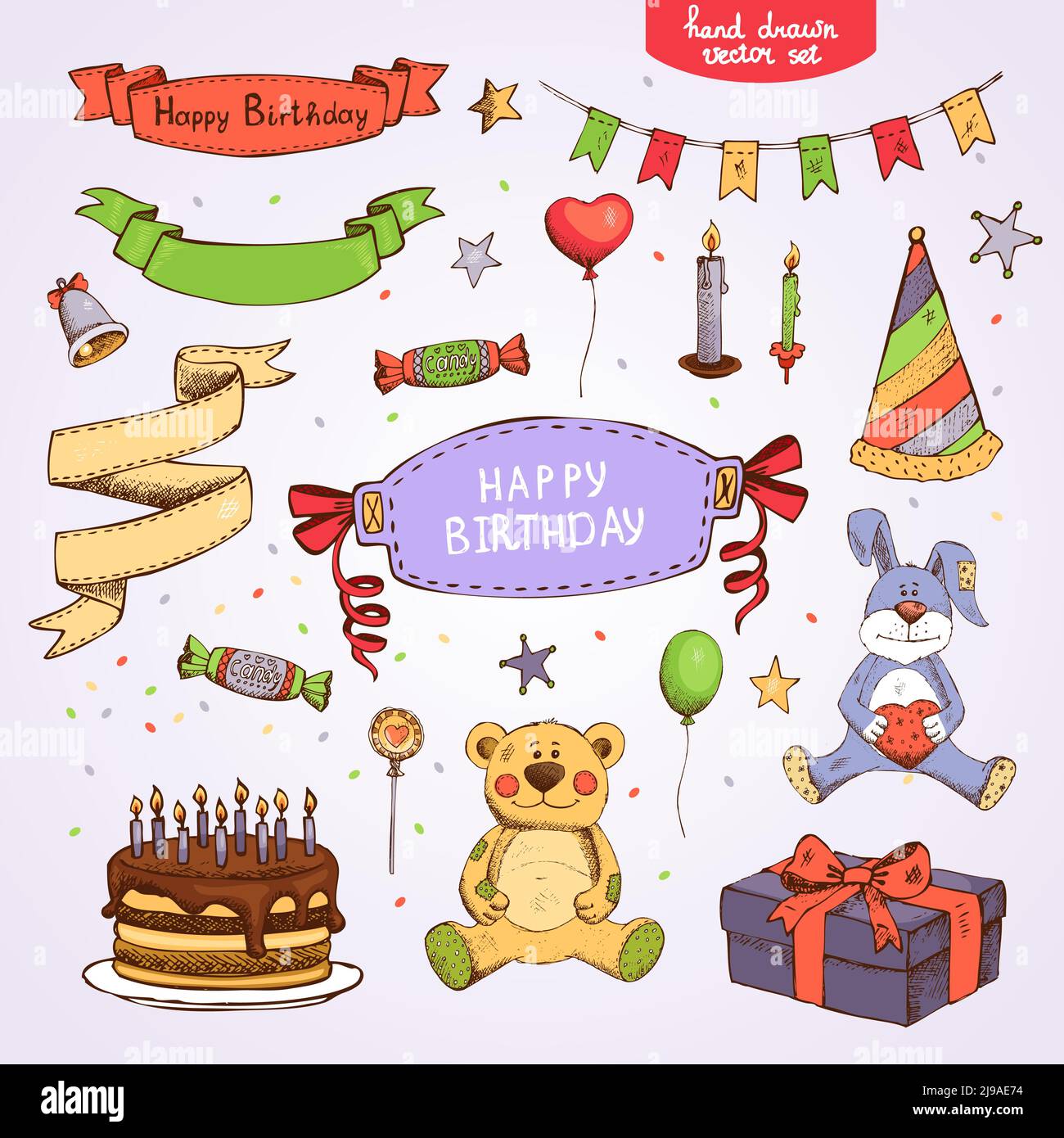 Set of vector birthday party elements: cake gift box teddy bear Stock ...