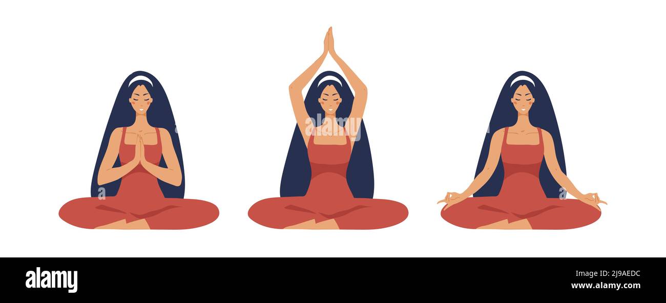 Beautiful girl meditates, set of poses for yoga and relaxation. Flat ...