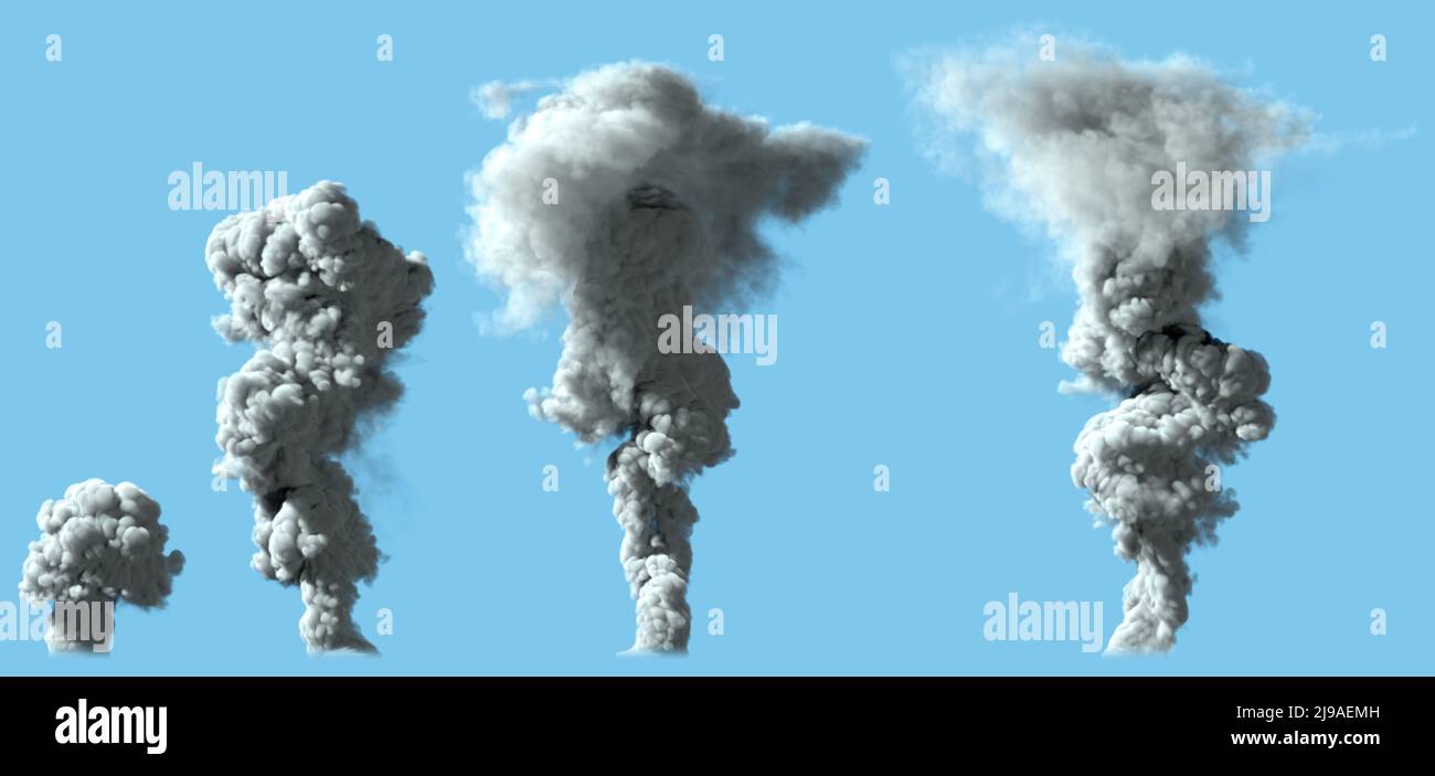 4 different renders of dense bright smoke column as from volcano or ...