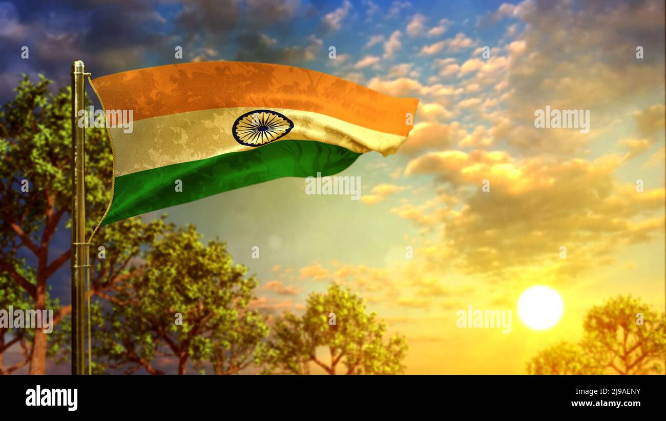 waving flag of India at sunrise for independence day - abstract 3D ...