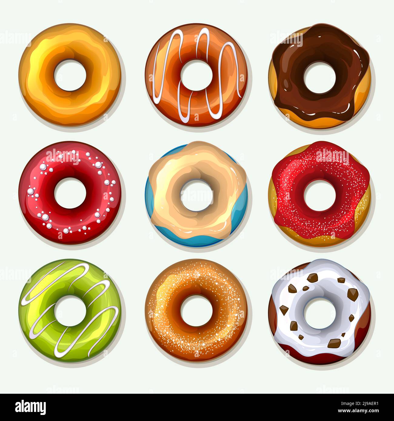 Donuts icons set in cartoon style. Sweet dessert, chocolate and sugar ...