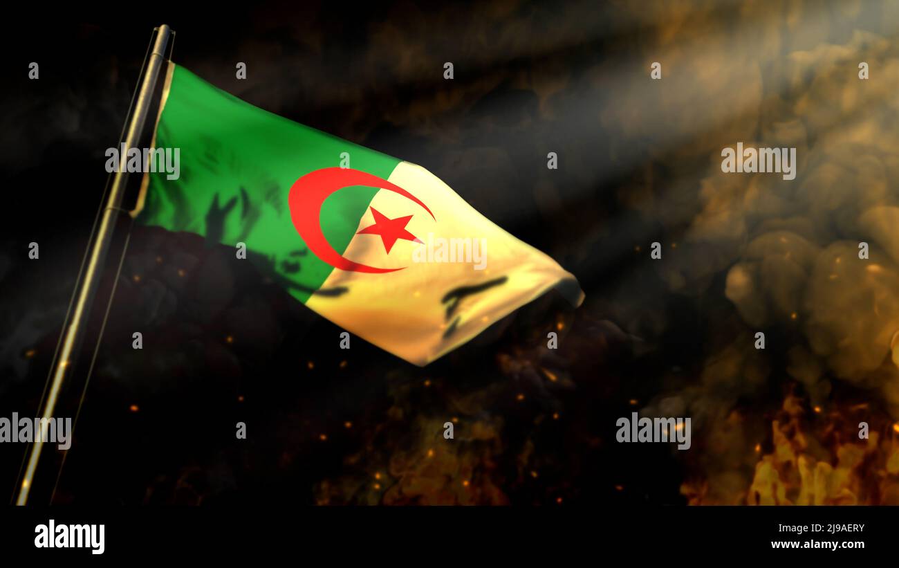 soft focus Algeria flag on smoke with sun rays backdrop - disaster ...