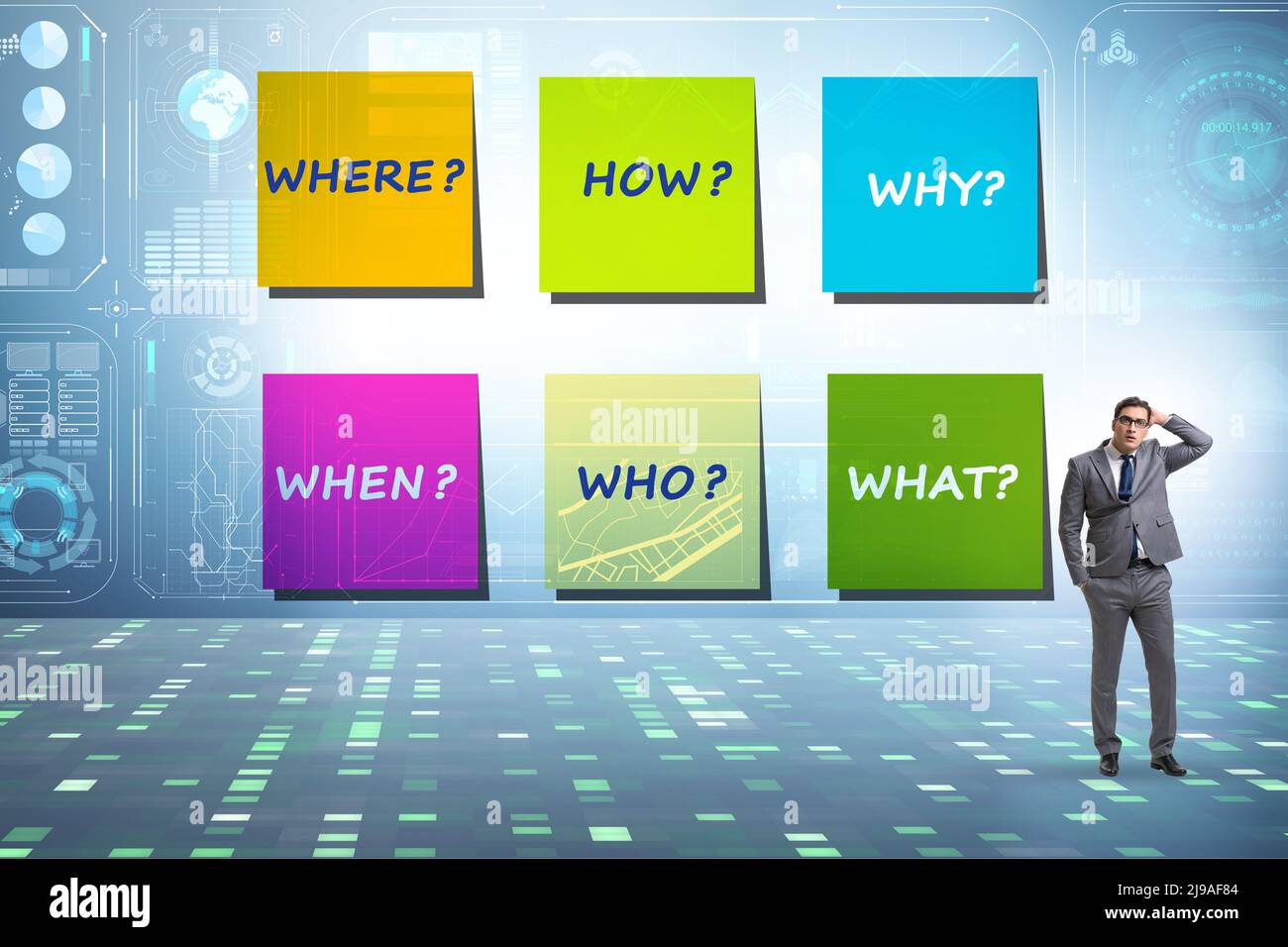 Concept of many questions with the businessman Stock Photo - Alamy
