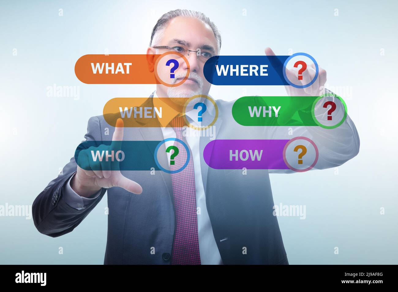 Concept of many different questions asked with the businessman Stock ...