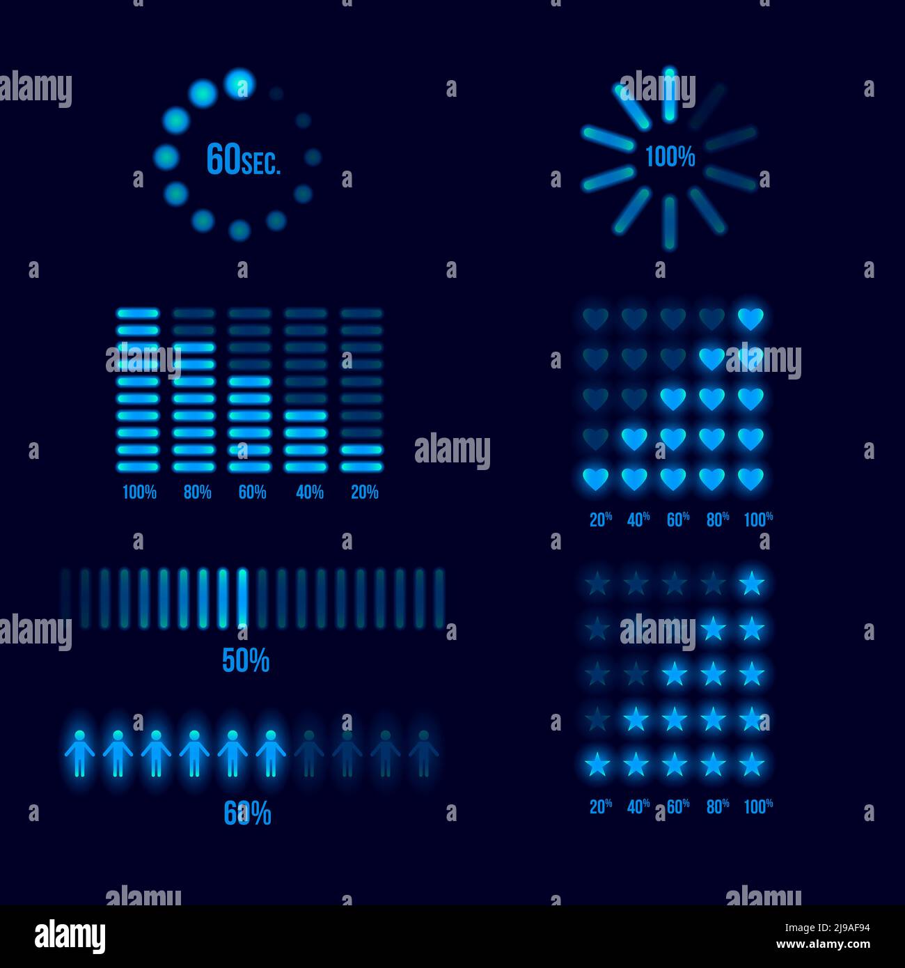Progress loading indicators set. Load and download, upload element, vector illustration Stock ...