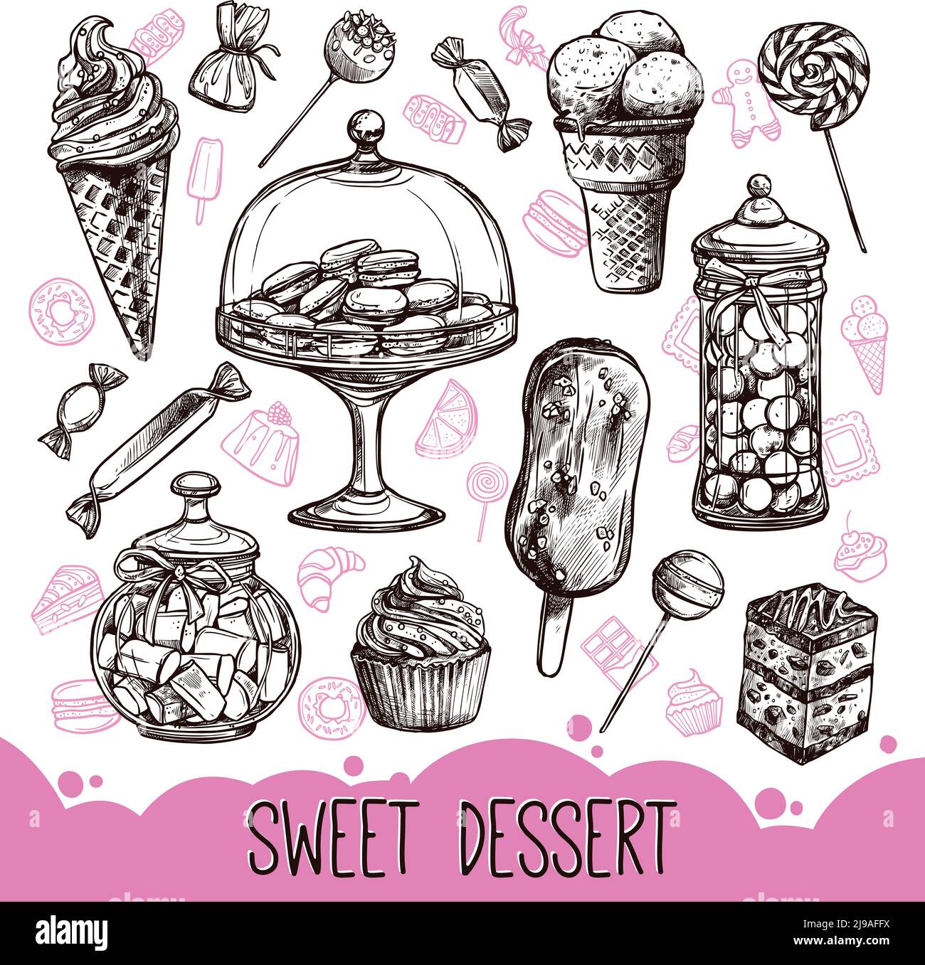 Sweet dessert set with hand drawn cupcakes candies and macarons vector ...
