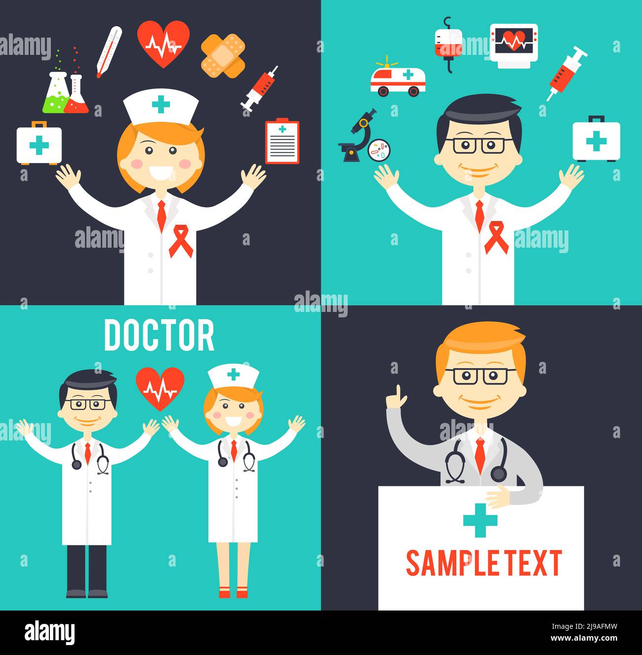 Doctors with medical icons posters. Thermometer and medicine care ...