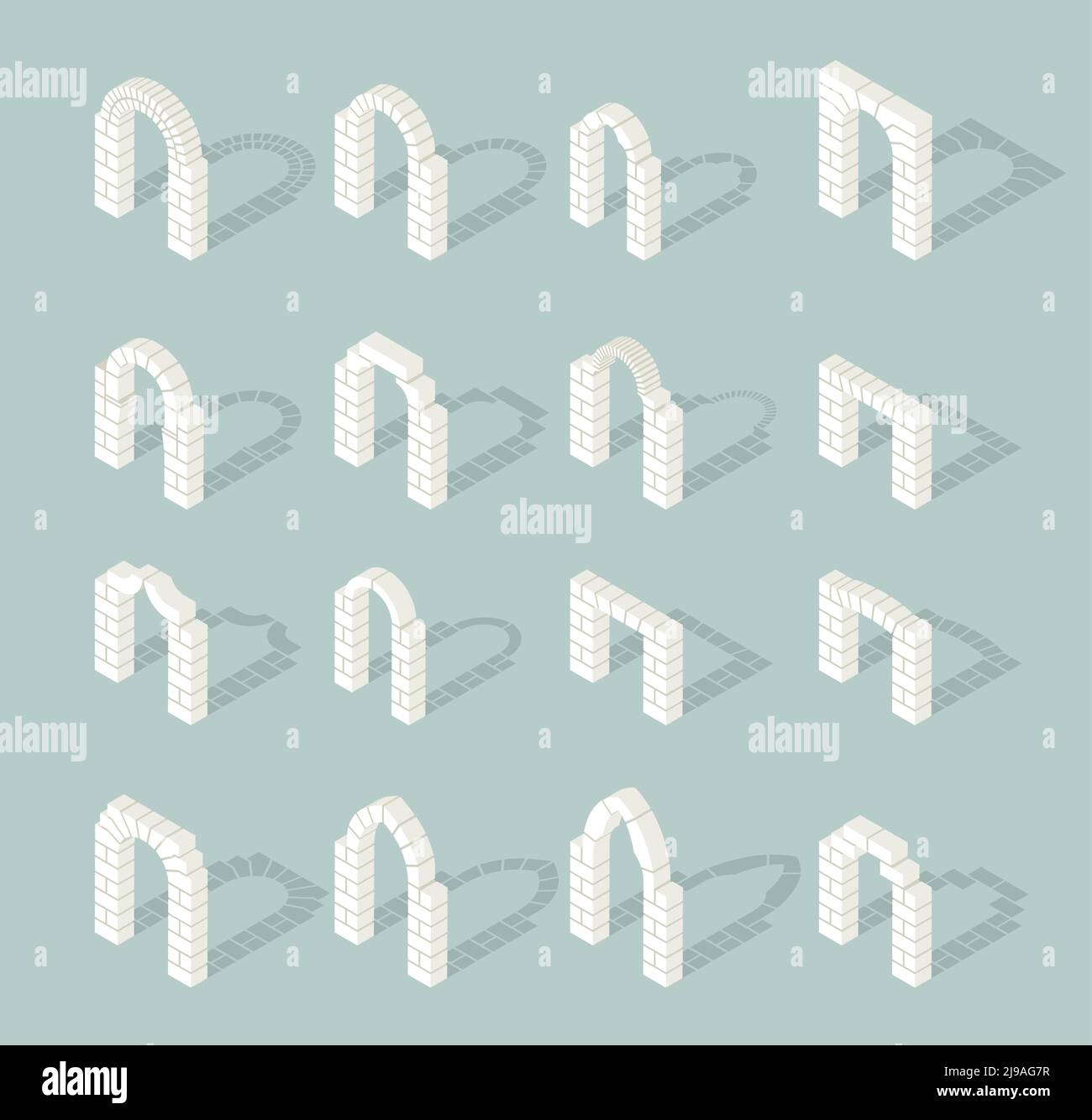 Stone architectural isometric 3d arch icons set. Exterior ancient ...