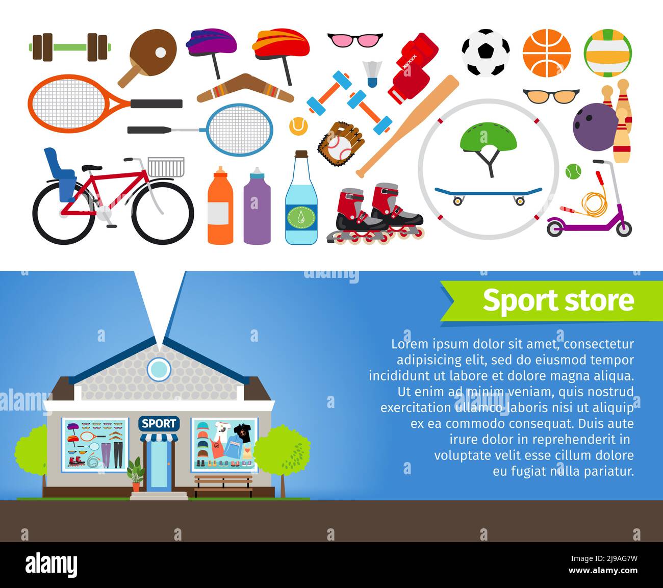 Sport store. Sports equipment and sports clothing. Volleyball football ...